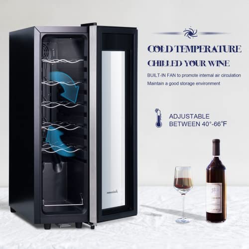 Kalamera Mini Fridge Wine Cooler, 12 Bottle Compressor Freestanding Wine Refrigerator - Single Zone with Stainless Steel Glass Door for Home, Office, Bar, 41°F to 64°F, Drink Fridge.