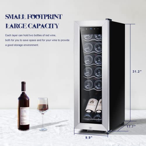 Kalamera Mini Fridge Wine Cooler, 12 Bottle Compressor Freestanding Wine Refrigerator - Single Zone with Stainless Steel Glass Door for Home, Office, Bar, 41°F to 64°F, Drink Fridge.