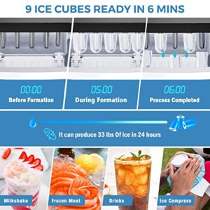 Ice Maker Machine for Countertop, Freezimer 33 lbs/24Hrs, 9 Cubes Ready in 6 Mins Self-Cleaning Electric Ice Machine with Ice Scoop and Basket for Home Kitchen Bar Party - Black