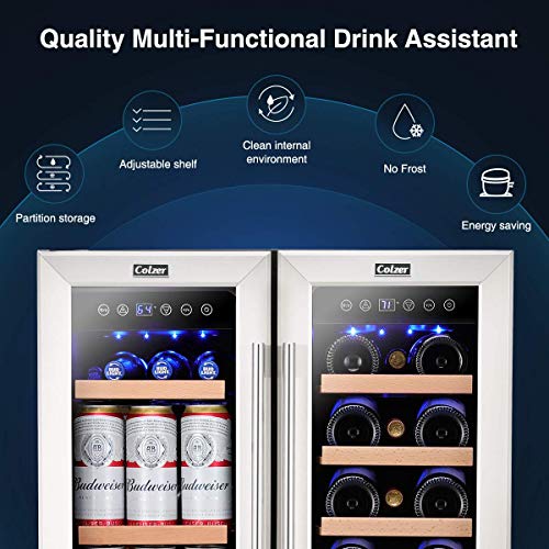 COLZER Wine and Beverage Refrigerator 24 inch, Dual Zone Wine Cooler Under Counter Lockable 18 Bottles and 57 Cans Fridge Built in Freestanding for Beer Soda Drink Bar Kitchen Cabinet Commercial