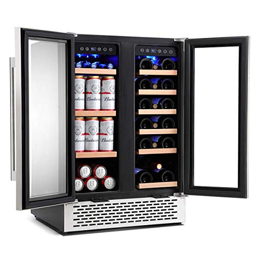 COLZER Wine and Beverage Refrigerator 24 inch, Dual Zone Wine Cooler Under Counter Lockable 18 Bottles and 57 Cans Fridge Built in Freestanding for Beer Soda Drink Bar Kitchen Cabinet Commercial