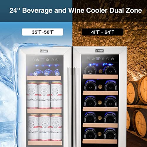 COLZER Wine and Beverage Refrigerator 24 inch, Dual Zone Wine Cooler Under Counter Lockable 18 Bottles and 57 Cans Fridge Built in Freestanding for Beer Soda Drink Bar Kitchen Cabinet Commercial