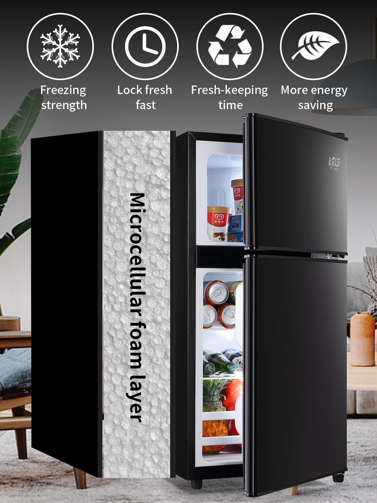 KRIB BLING 3.5 Cu.Ft Compact Refrigerator Mini Fridge with Freezer,7 Level Adjustable Thermostat Removable Shelves Small Refrigerator for Office Dorm Apartment Black