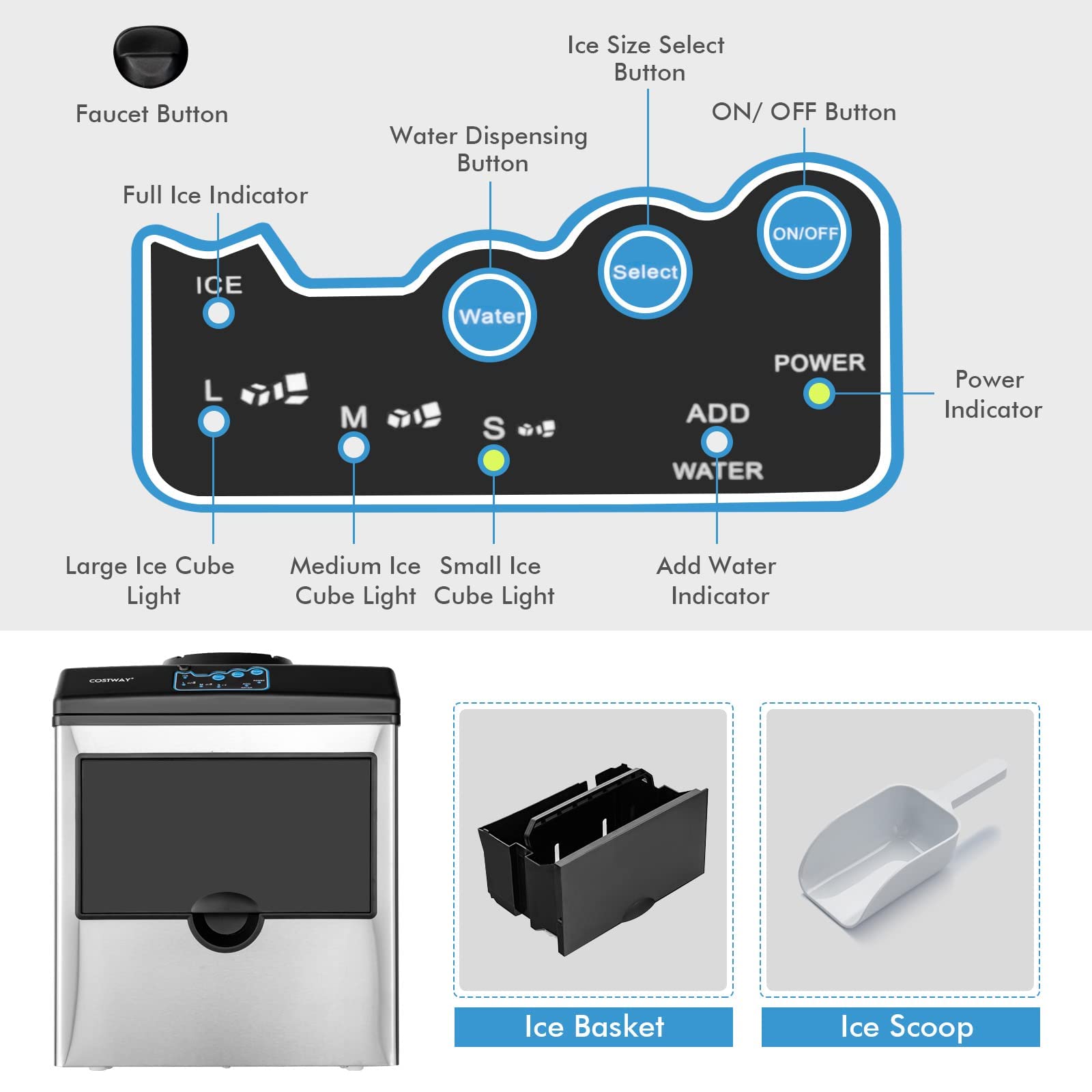 KOTEK 2 in 1 Countertop Ice Maker Machine with Water Cooler Dispenser Combo, 48LBS/24H, S-M-L 3 Sizes Bullet Ice, Fast 6 Mins, 5LBS Ice Storage Basket, 2 Ways to Add Water with Ice Scoop