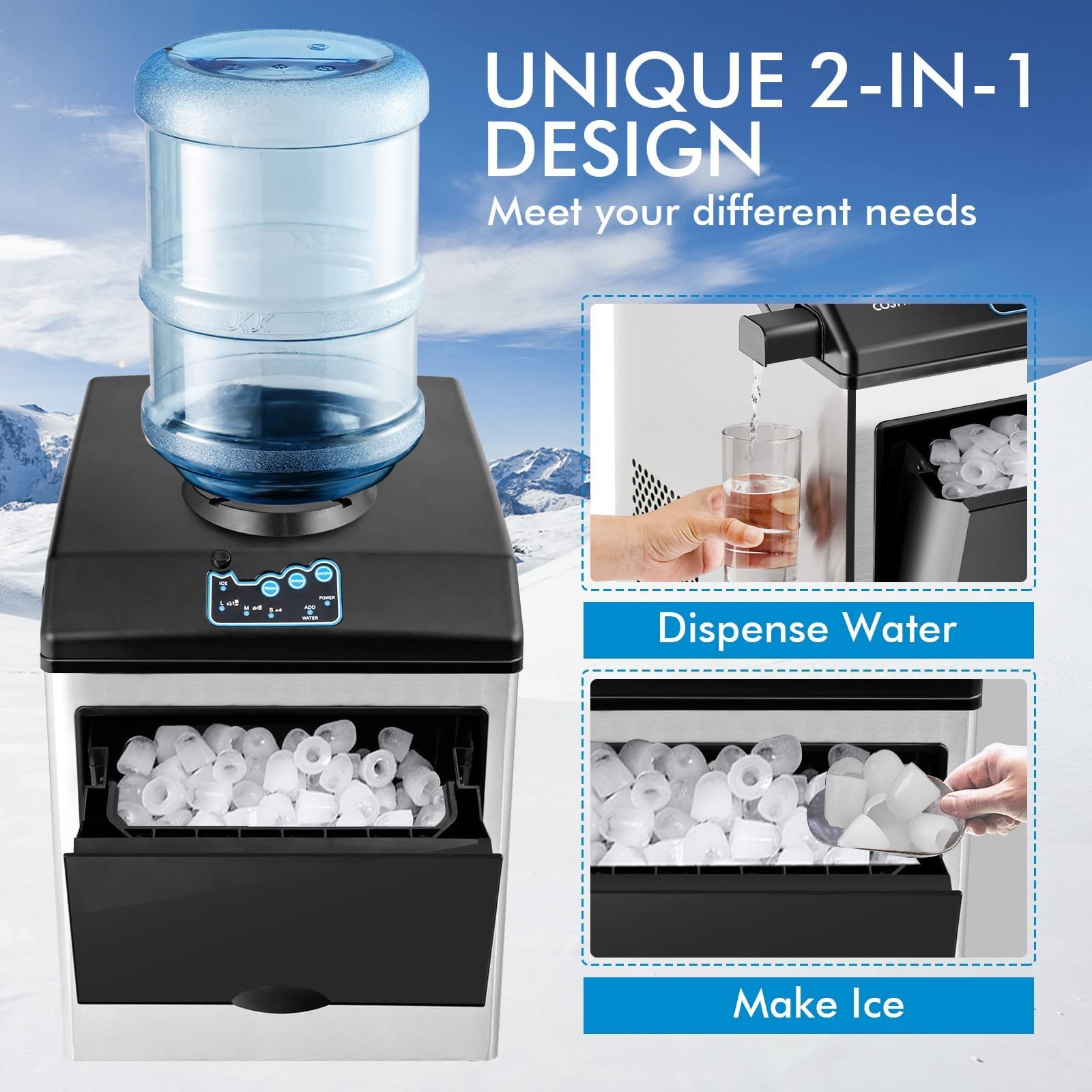 KOTEK 2 in 1 Countertop Ice Maker Machine with Water Cooler Dispenser Combo, 48LBS/24H, S-M-L 3 Sizes Bullet Ice, Fast 6 Mins, 5LBS Ice Storage Basket, 2 Ways to Add Water with Ice Scoop