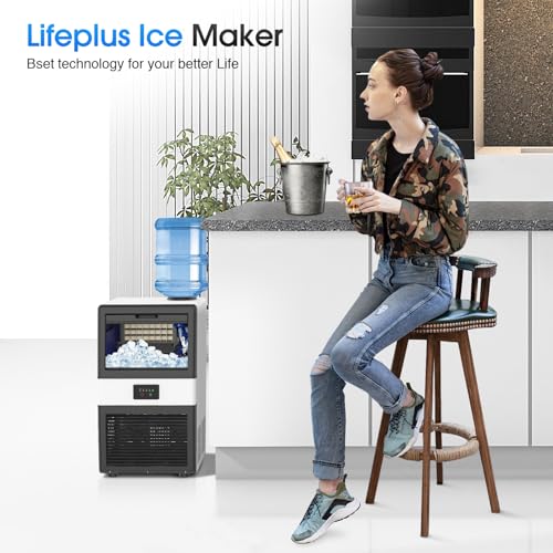 LifePlus Ice Maker Commercial - 70lbs/24H Ice Machine 32 Ice Cubes in 11-20 Minutes, Freestanding Cabinet Ice Maker with 13 Lbs Storage Bin, 2 Ways Add Water for Bar Home Office Restaurant