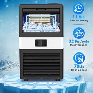 LifePlus Ice Maker Commercial - 70lbs/24H Ice Machine 32 Ice Cubes in 11-20 Minutes, Freestanding Cabinet Ice Maker with 13 Lbs Storage Bin, 2 Ways Add Water for Bar Home Office Restaurant