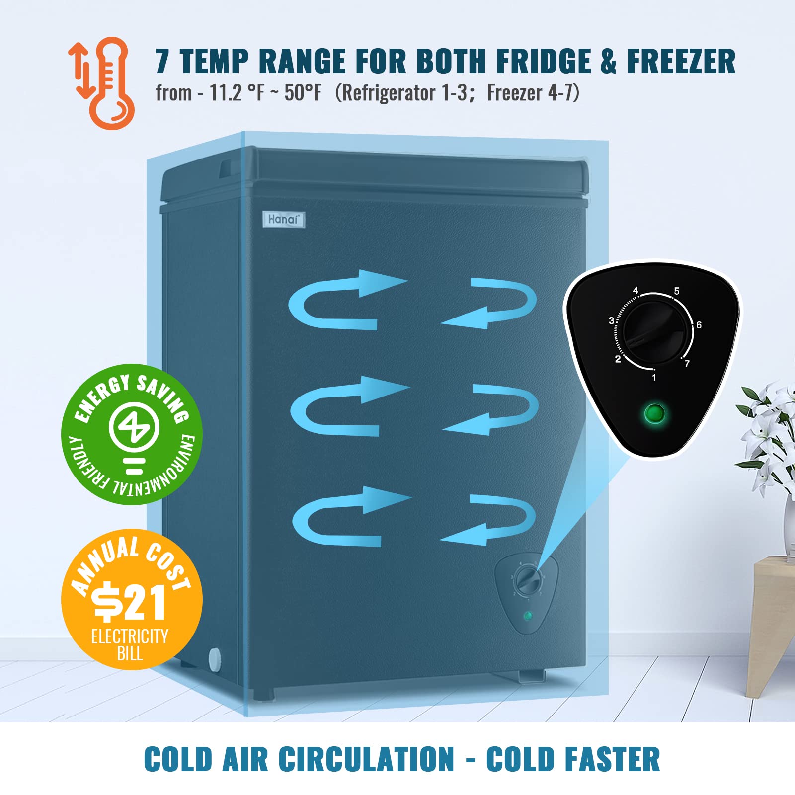 WANAI Chest Freezer Small Deep Freezers Top Door with Removable Basket Mini Compact Freezer 7 Temperature Control Energy Saving for Home Kitchen Office Dorm Apartment Black