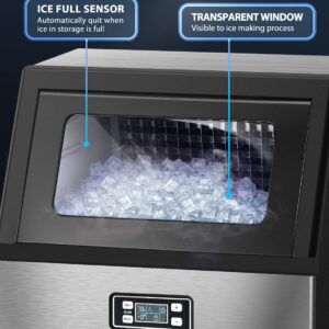 Commercial Ice Maker Machine Self Clean, 200lbs/24H Stainless Steel Ice Machine 105 Cubes/Batch in 11-18 Minutes with 48lbs Ice Storage Bin, Freestanding Ice Maker for Restaurant/Home/Food Truck