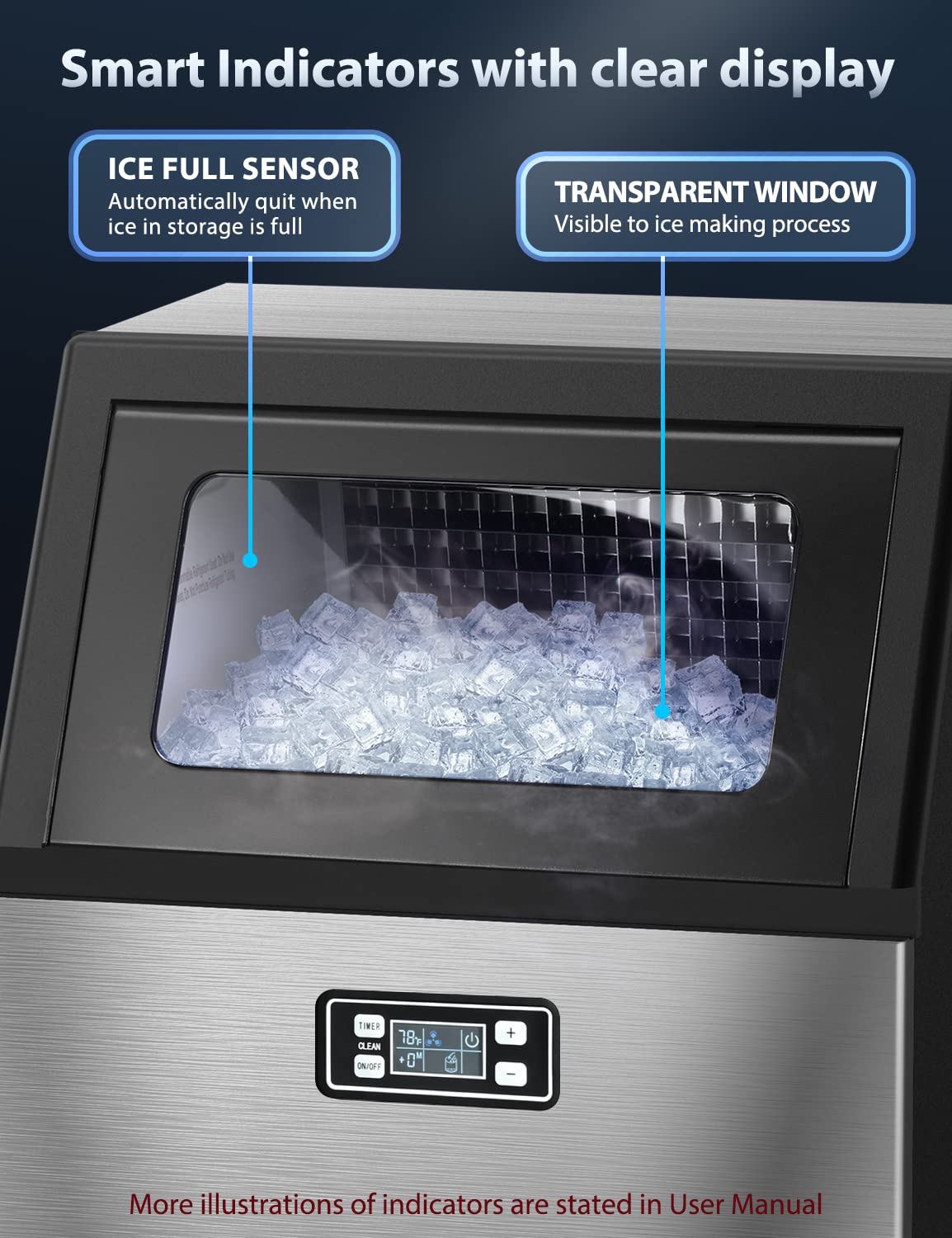 Commercial Ice Maker Machine Self Clean, 200lbs/24H Stainless Steel Ice Machine 105 Cubes/Batch in 11-18 Minutes with 48lbs Ice Storage Bin, Freestanding Ice Maker for Restaurant/Home/Food Truck