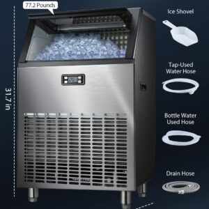 Commercial Ice Maker Machine Self Clean, 200lbs/24H Stainless Steel Ice Machine 105 Cubes/Batch in 11-18 Minutes with 48lbs Ice Storage Bin, Freestanding Ice Maker for Restaurant/Home/Food Truck