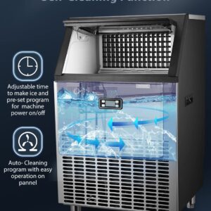 Commercial Ice Maker Machine Self Clean, 200lbs/24H Stainless Steel Ice Machine 105 Cubes/Batch in 11-18 Minutes with 48lbs Ice Storage Bin, Freestanding Ice Maker for Restaurant/Home/Food Truck