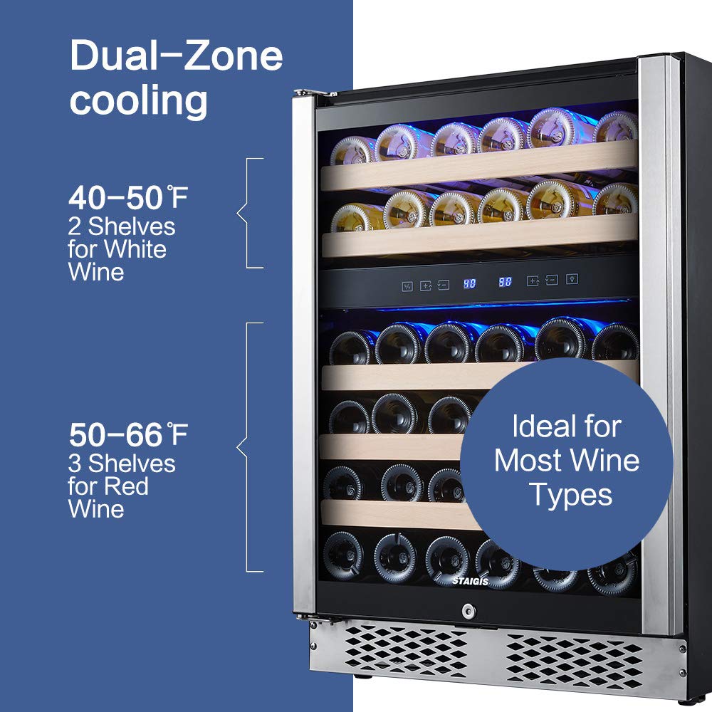 STAIGIS 24 inch Wine Cooler Refrigerator Freestanding, 46 Bottle Compressor Wine Fridge Dual Zone for Home, Kitchen and Bar, Digital Temperature Control