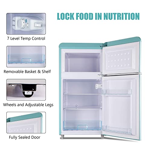 WANAI Compact Refrigerator 3.5Cu.Ft Classic Retro Refrigerator 2 Door Mini Refrigerator Adjustable Remove Glass Shelves Refrigerator Suitable for Dorm Garage and Office