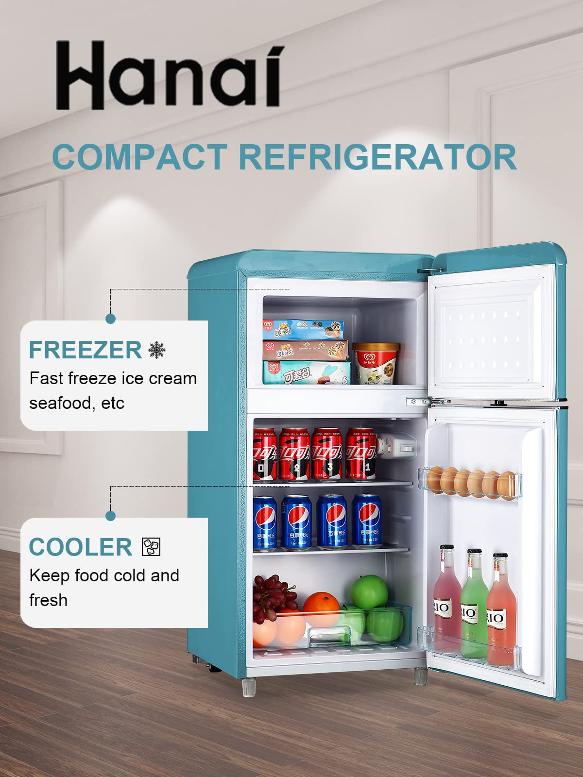 WANAI Compact Refrigerator 3.5 Cu.Ft Retro Mini Fridge with Freezer Dual Door Small Refrigerator with Adjustable Temperature，LED Lights, Removable Shelves, Mini Refrigerator for Dorm, Office, Bedroom