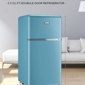 WANAI Compact Refrigerator 3.5 Cu.Ft Retro Mini Fridge with Freezer Dual Door Small Refrigerator with Adjustable Temperature，LED Lights, Removable Shelves, Mini Refrigerator for Dorm, Office, Bedroom