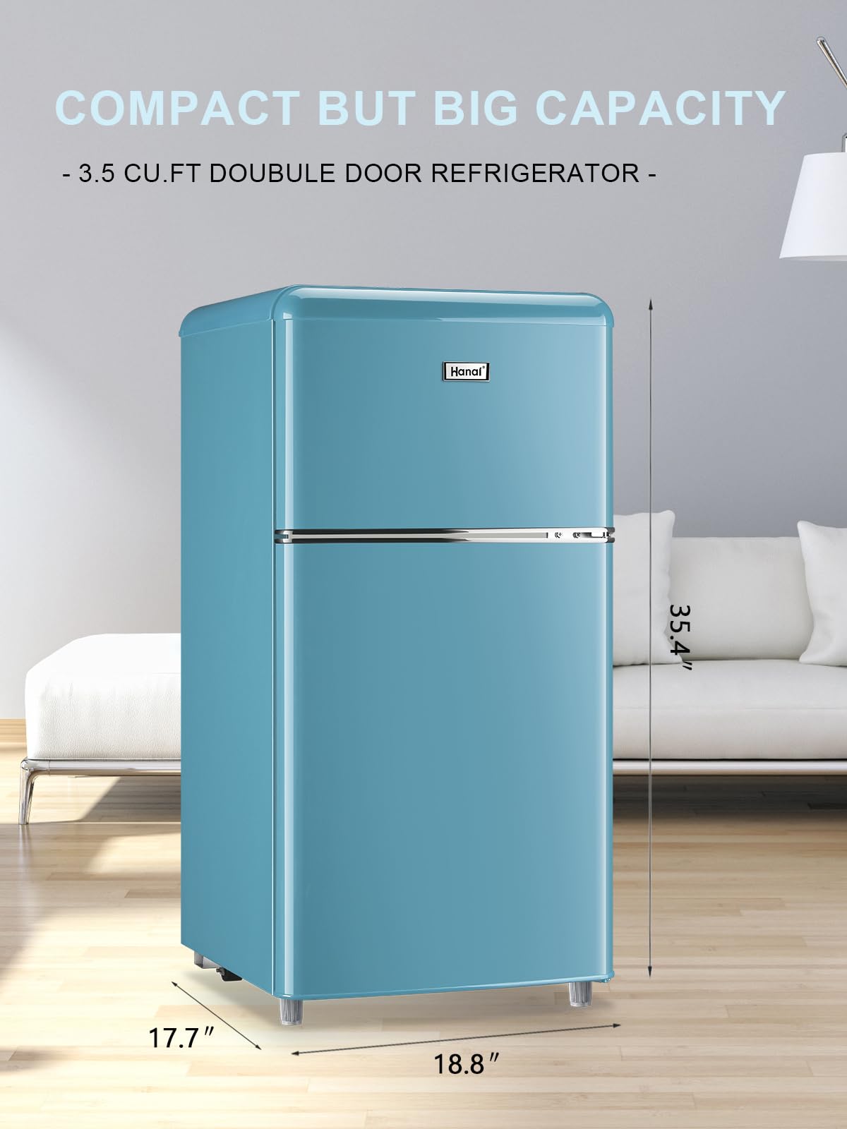 WANAI Compact Refrigerator 3.5 Cu.Ft Retro Mini Fridge with Freezer Dual Door Small Refrigerator with Adjustable Temperature，LED Lights, Removable Shelves, Mini Refrigerator for Dorm, Office, Bedroom