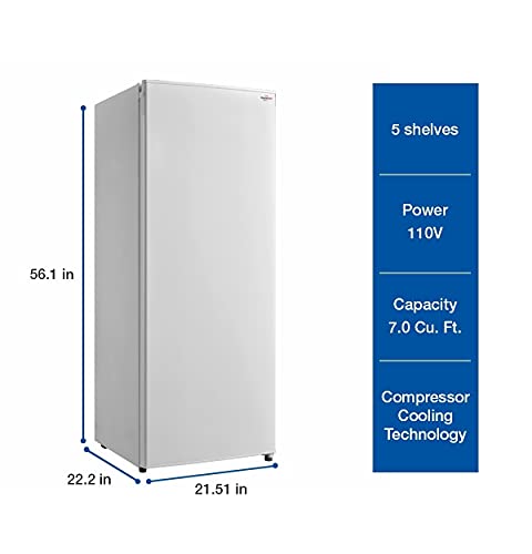 Koolatron KTUF196 Compact Garage-Ready Upright Freezer with 7.0 Cubic Feet Capacity, Space-Saving Slim Design for Home, Apartment, Condo, Cabin, Basement-White, Standard