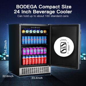 BODEGA Beverage Cooler 24 Inch, Built-in and Freestanding Beverage Refrigerator 180 Cans, Stainless Steel Under Counter Beverage Fridge Perfect for Soda, Water, Beer