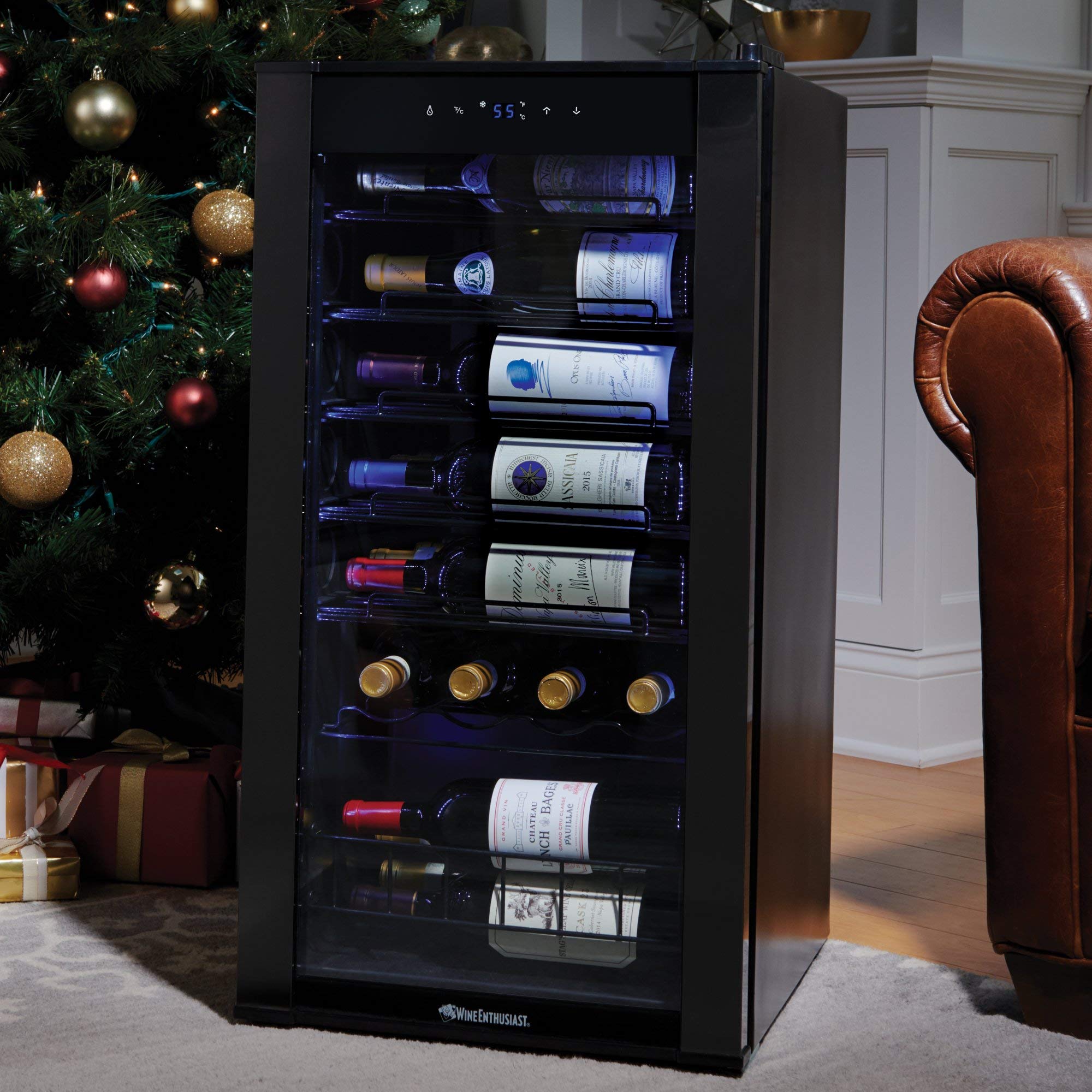 Wine Enthusiast VinoView 28-Bottle Wine Fridge - Freestanding Refrigerator with Matrix Shelves, Adjustable 39-65° F Thermostat, Double Pane Glass Door, & LED Display