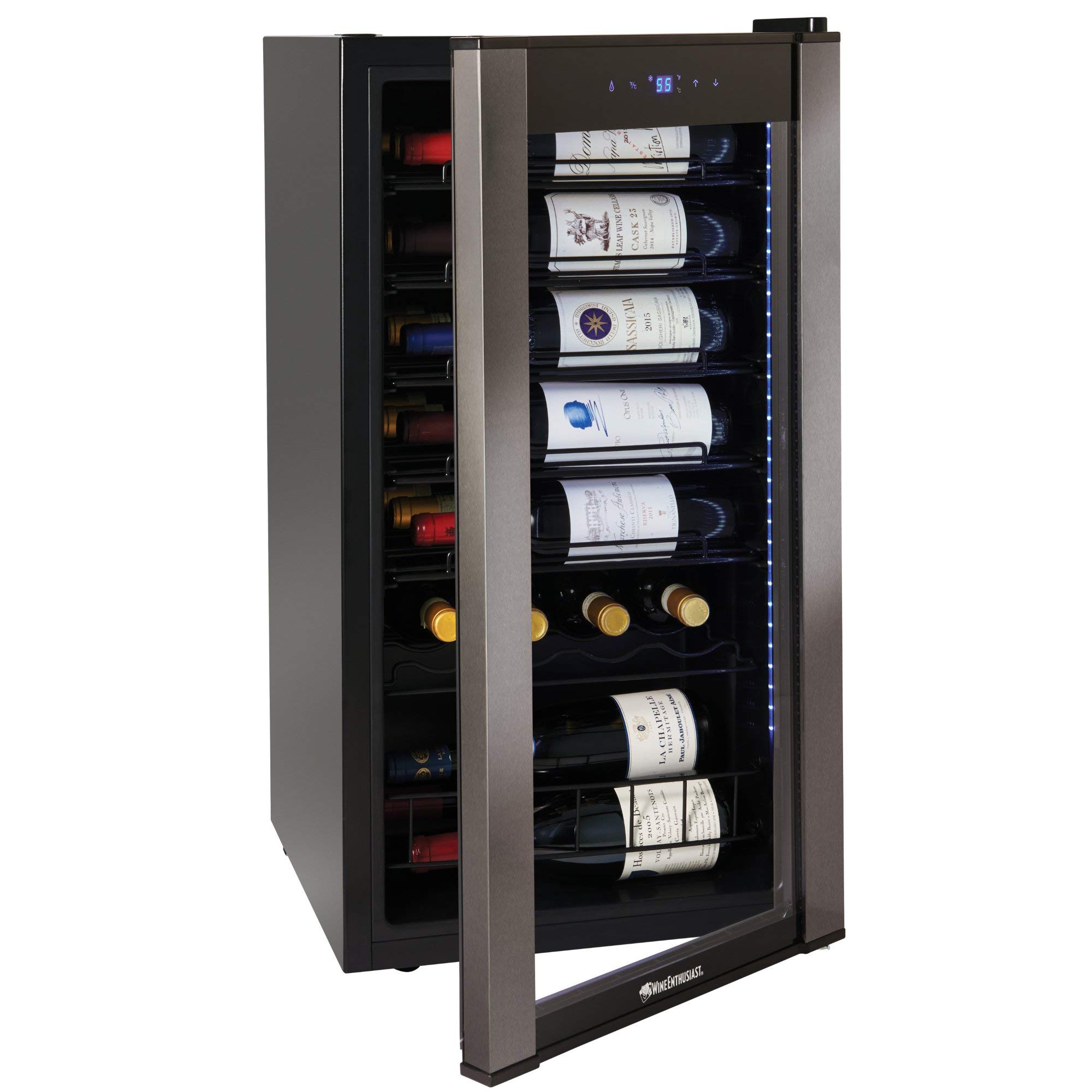 Wine Enthusiast VinoView 28-Bottle Wine Fridge - Freestanding Refrigerator with Matrix Shelves, Adjustable 39-65° F Thermostat, Double Pane Glass Door, & LED Display