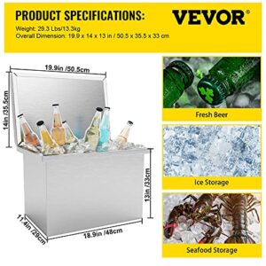 VEVOR Drop in Ice Chest 20''L x 14''W x 13''H Drop in Cooler Stainless Steel with Hinged Cover Bar Ice Bin 36.3 qt Drain-Pipe and Drain Plug Included for Cold Wine Beer