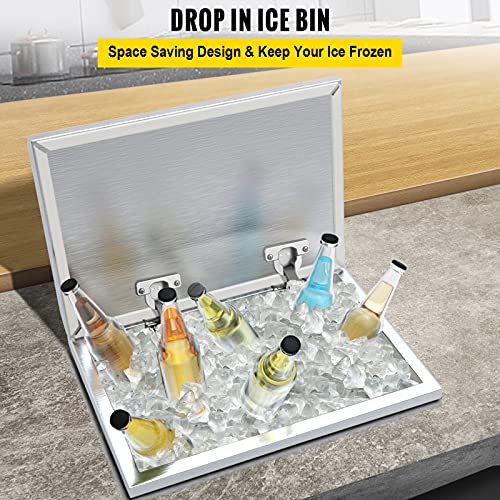 VEVOR Drop in Ice Chest 20''L x 14''W x 13''H Drop in Cooler Stainless Steel with Hinged Cover Bar Ice Bin 36.3 qt Drain-Pipe and Drain Plug Included for Cold Wine Beer