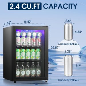 R.W.FLAME Beverage Refrigerator Cooler, 80 Cans Mini fridge with Double Glass Door and LED Lights, Small Refrigerator for Office, Home or Bedroom, Wine Cooler Digital Temperature Control, 2.4Cu.Ft