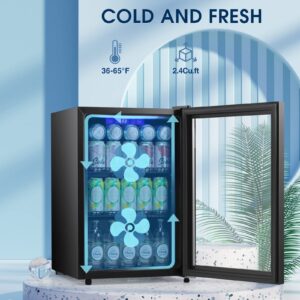 R.W.FLAME Beverage Refrigerator Cooler, 80 Cans Mini fridge with Double Glass Door and LED Lights, Small Refrigerator for Office, Home or Bedroom, Wine Cooler Digital Temperature Control, 2.4Cu.Ft