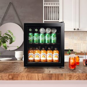 WANAI Mini Fridge Cooler 60 Can Beverage Refrigerator Black Mini Beer Fridge Glass Door for Wine Soda Juice Small Drink Cooler Machine Clear Front Removable for Home Office Bar Freestanding