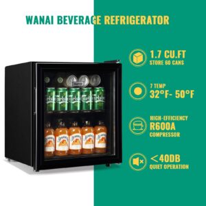 WANAI Mini Fridge Cooler 60 Can Beverage Refrigerator Black Mini Beer Fridge Glass Door for Wine Soda Juice Small Drink Cooler Machine Clear Front Removable for Home Office Bar Freestanding