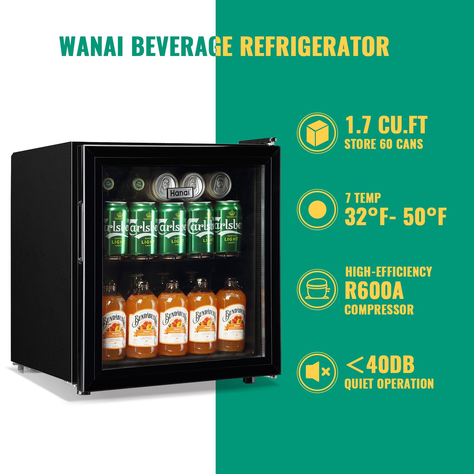 WANAI Mini Fridge Cooler 60 Can Beverage Refrigerator Black Mini Beer Fridge Glass Door for Wine Soda Juice Small Drink Cooler Machine Clear Front Removable for Home Office Bar Freestanding