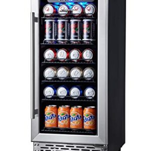 Beverage Refrigerator, Phiestina15 inch 96 Cans Built-in or Freestanding Beverage Cooler Mini Fridge with Auto Defrost,Glass Door & 6 Removable Shelves for Home Bar Office