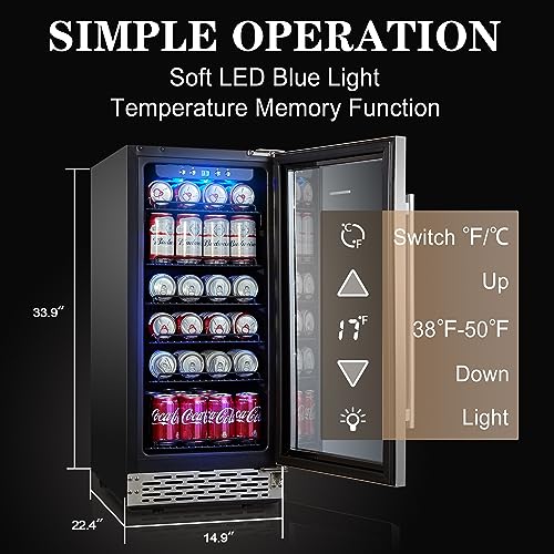 Beverage Refrigerator, Phiestina15 inch 96 Cans Built-in or Freestanding Beverage Cooler Mini Fridge with Auto Defrost,Glass Door & 6 Removable Shelves for Home Bar Office