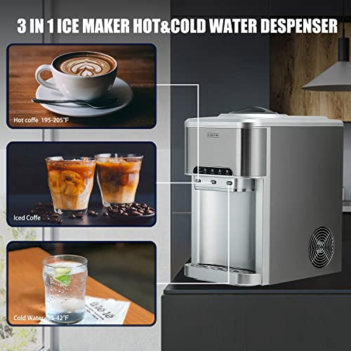 Countertop Ice Maker with 3-in-1 Water Cooler Dispenser, Kognita Countertop Stainless Steel Ice Makers, Top Loading 3-5 Gallon or Bottless, 44lbs Ice Cubes in 24H for Home, Office, Kitchen