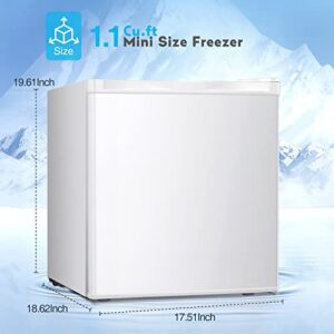 R.W.FLAME Mini Freezer 1.1 Cubic Feet, Small Freezer Reversible Single Door, Upright Freezer with Shelves, Adjustable Feet for Bedrooms/Dorms/Apartment/Office/Home (White)