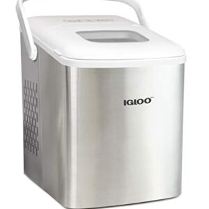 Igloo ICEB26HNSSWL Stainless Steel Automatic Self-Cleaning Portable Electric Countertop Ice Maker Machine With Handle, 9 Ice Cubes Ready in 7 minutes, With Ice Scoop and Basket, Stainless/White