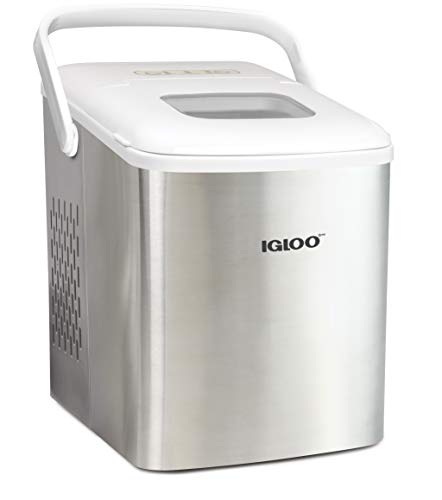 Igloo ICEB26HNSSWL Stainless Steel Automatic Self-Cleaning Portable Electric Countertop Ice Maker Machine With Handle, 9 Ice Cubes Ready in 7 minutes, With Ice Scoop and Basket, Stainless/White