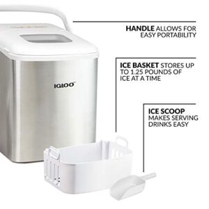 Igloo ICEB26HNSSWL Stainless Steel Automatic Self-Cleaning Portable Electric Countertop Ice Maker Machine With Handle, 9 Ice Cubes Ready in 7 minutes, With Ice Scoop and Basket, Stainless/White