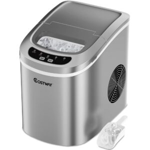 costway countertop ice maker, 26lbs/24h portable and compact ice maker machine, ice cubes ready in 6 mins, electric high efficiency small ice maker with ice scoop for home kitchen office, silver