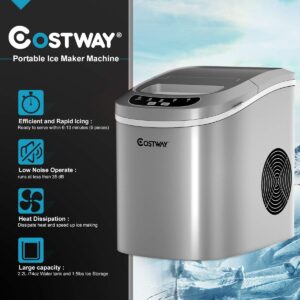 COSTWAY Countertop Ice Maker, 26LBS/24H Portable and Compact Ice Maker Machine, Ice Cubes Ready in 6 Mins, Electric High Efficiency Small Ice Maker with Ice Scoop for Home Kitchen Office, Silver