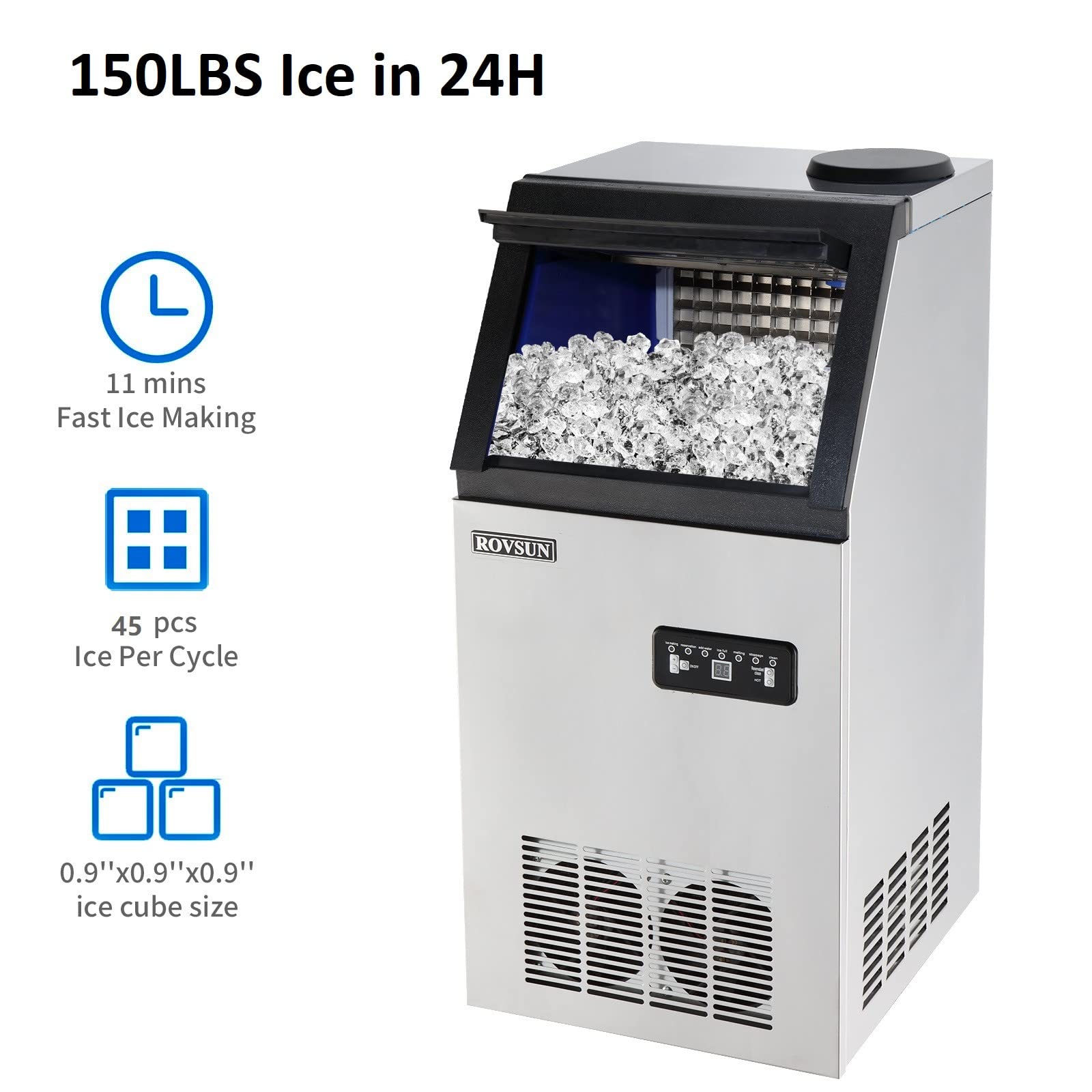 ROVSUN 150LBS/24H Commercial Ice Maker Machine with 2 Water Inlets, Freestanding Ice Machine with 24lbs Storage Bin, Ice Scoop & Water Filter for Home Office Restaurant Bar Cafe