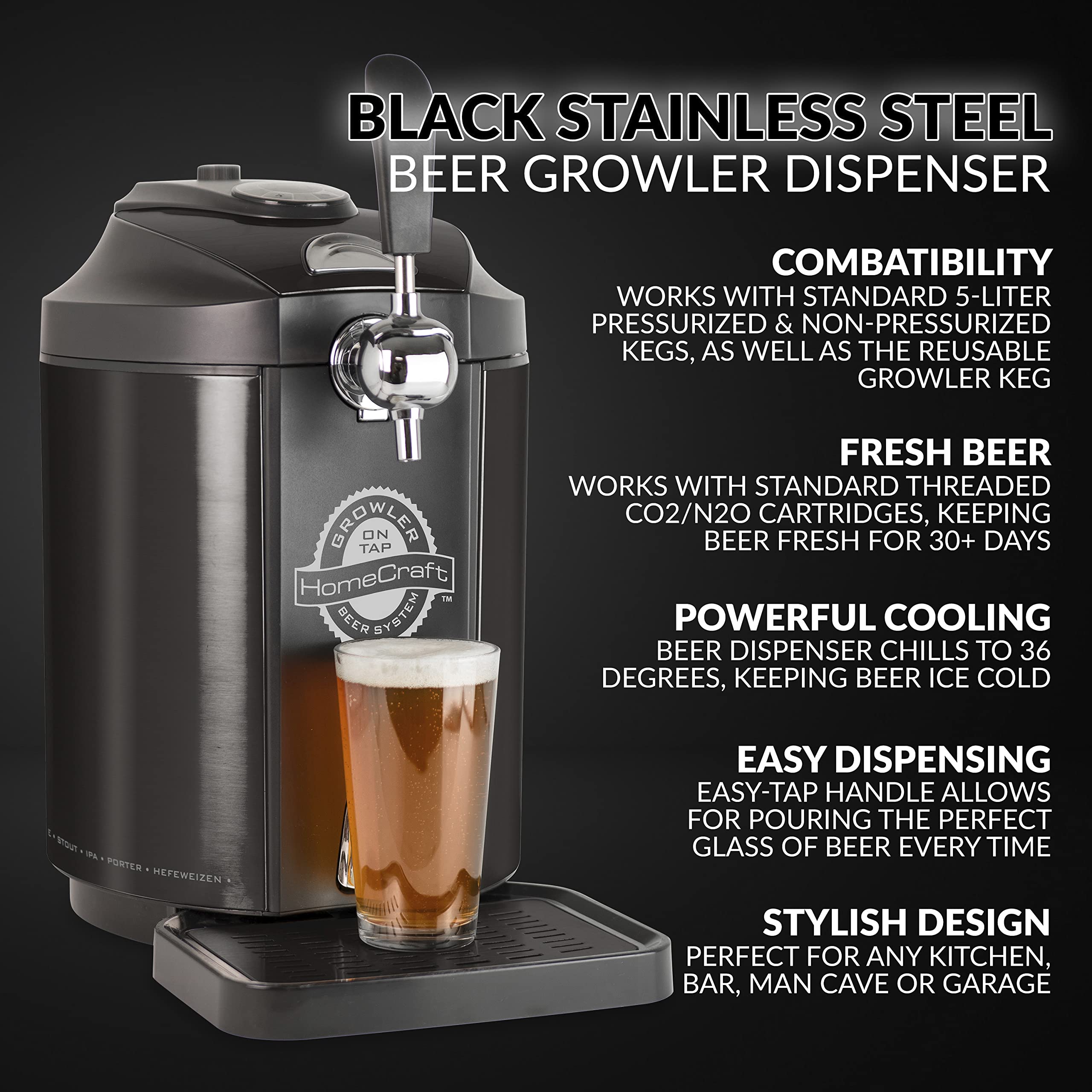 Homecraft Black Stainless Steel Easy-Dispensing Tap Beer Cooling System Kegerator, Includes Reusable Growler, CO2 Cartridges, Removable Drip Tray & Cleaning Kit, Fresh for 30 Days