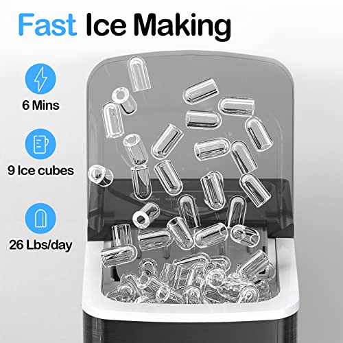 SPECILITE Ice Makers Countertop, Compact Ice Machine Maker, Self Cleaning - 26Lbs/24H, 9 Ice Cubes S/L in 6-8 Mins, Portable Icemaker with Ice Bag/Scoop/Basket for Home Kitchen Office Bar