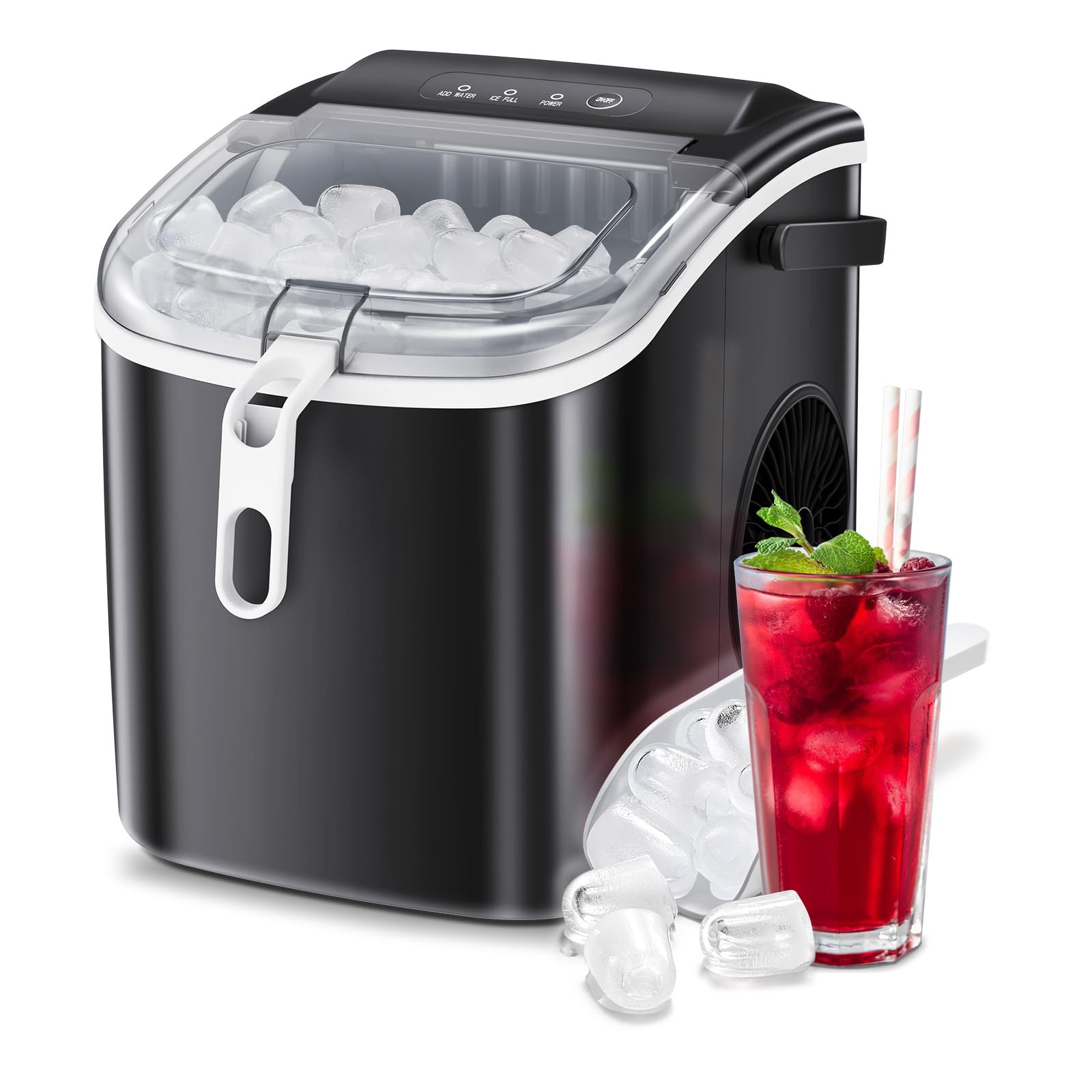 Ice Makers Countertop, Portable Ice Machine with Handles, Self-Cleaning Ice Makers with Basket and Scoop, 9 Cubes in 6 Mins, Bullet Ice Cubes, Suitable for Kitchen, Camping, Party Green