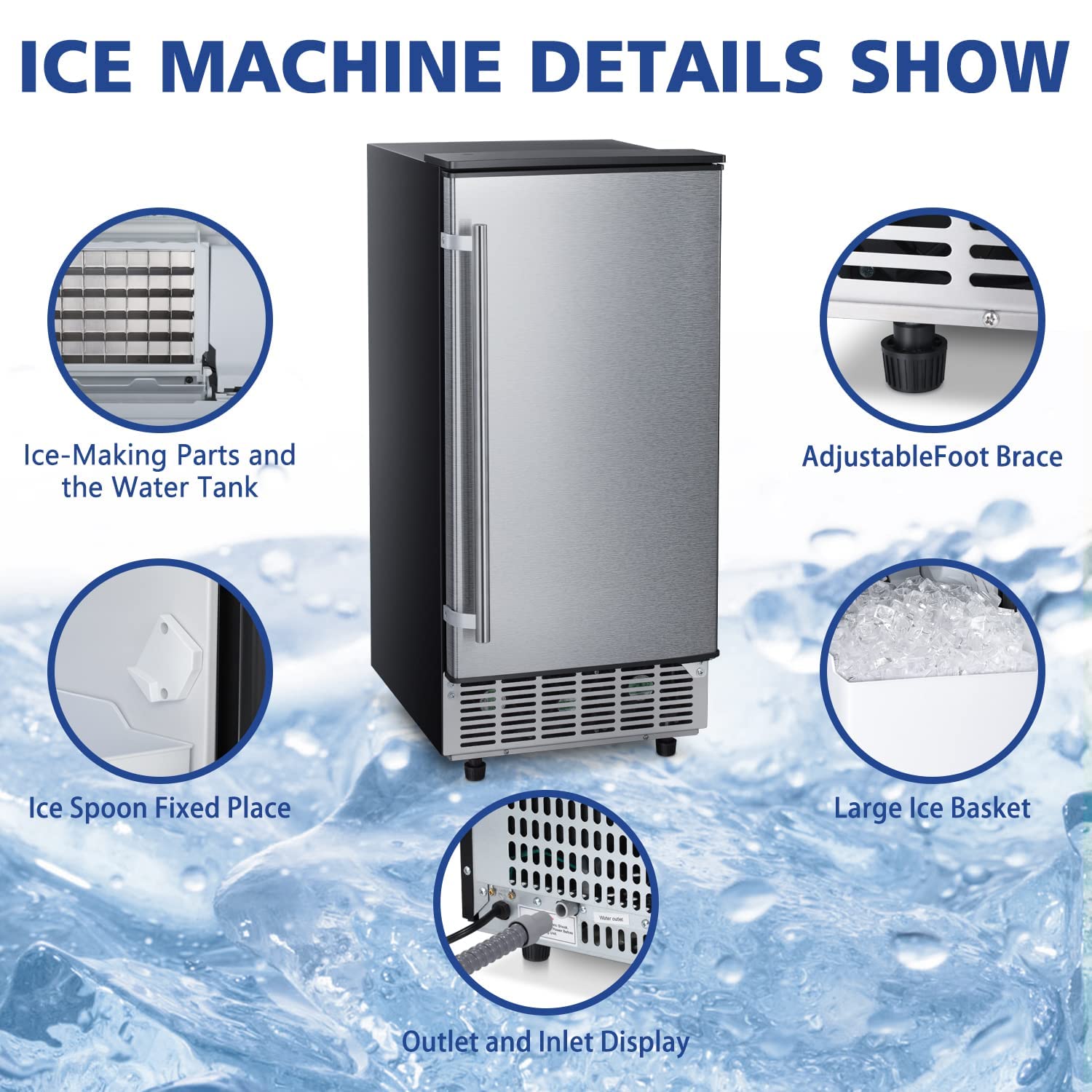 Commercial Ice Maker Machine,Under Counter Ice Machine with 80 Lbs/Day,Stainless Steel Under Counter Freestanding Commercial Clear Cube Ice Maker for Bar,Kitchen,Party