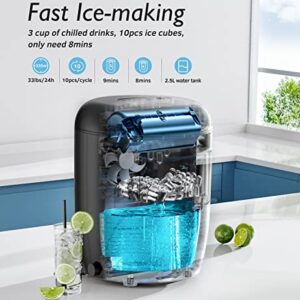 33Lbs Ice Maker Countertop, 10 Ice Cube Ready in 8-9 Mins, Crystal Clear Ice, 33Lbs/24H, Self-Cleaning Clear Ice Maker Machine, 2 Sizes Ice Cube Maker, Ice Scoop/Basket/Hook, for Home Camping Party RV