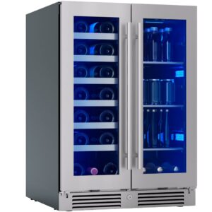 zephyr presrv 24 inch wine fridge & beverage refrigerator dual zone under counter - wine cooler cellars small beer fridge cabinet drink chiller freestanding with french glass door 21 bottles, 64 cans