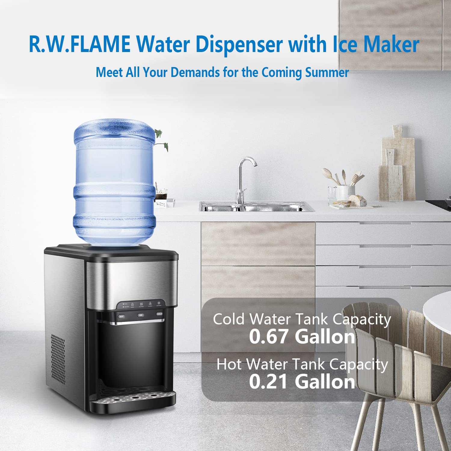 R.W.FLAME 3 in 1 Countertop Water Cooler Dispenser with Ice Maker, Top-Loading Hot & Cold Water Dispenser, Child Safety Lock, Hold 3~5 Gallon Bottle, 4 lbs Ice Storage, for Home and Office Use