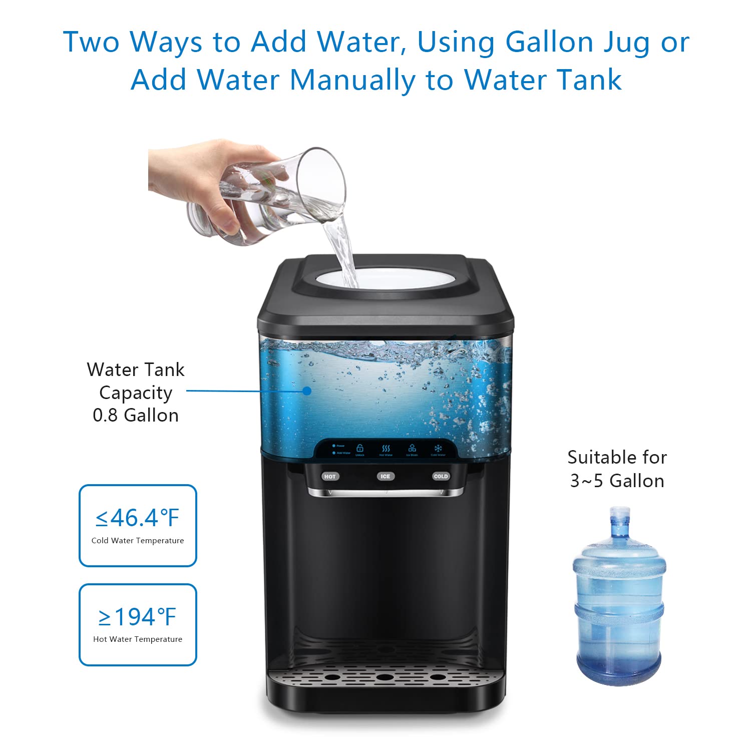 R.W.FLAME 3 in 1 Countertop Water Cooler Dispenser with Ice Maker, Top-Loading Hot & Cold Water Dispenser, Child Safety Lock, Hold 3~5 Gallon Bottle, 4 lbs Ice Storage, for Home and Office Use